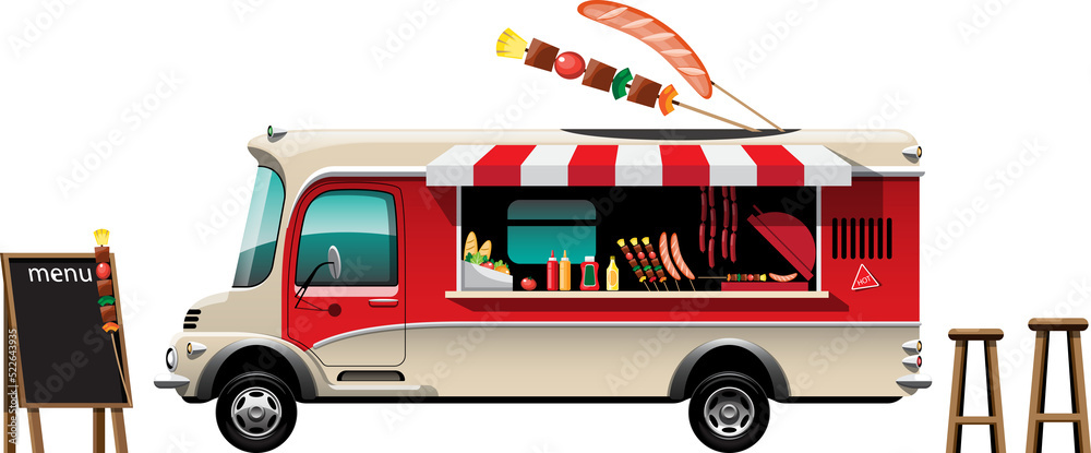 Cartoon food truck vehicle - BBQ store Stock Illustration | Adobe Stock