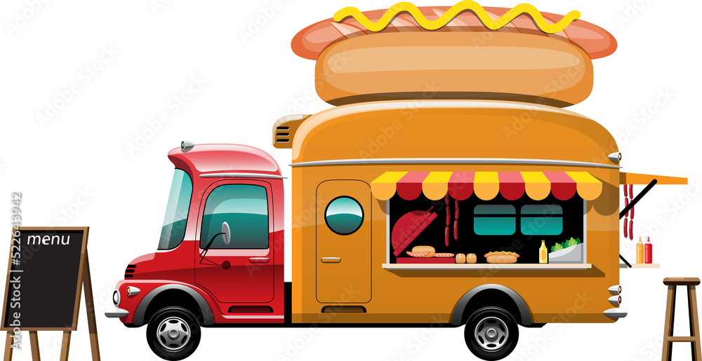 Cartoon food truck vehicle - Hot dog store Stock Illustration | Adobe Stock