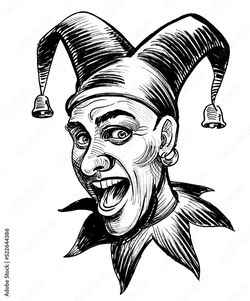 Laughing jester head. Ink black and white drawing Stock Illustration ...