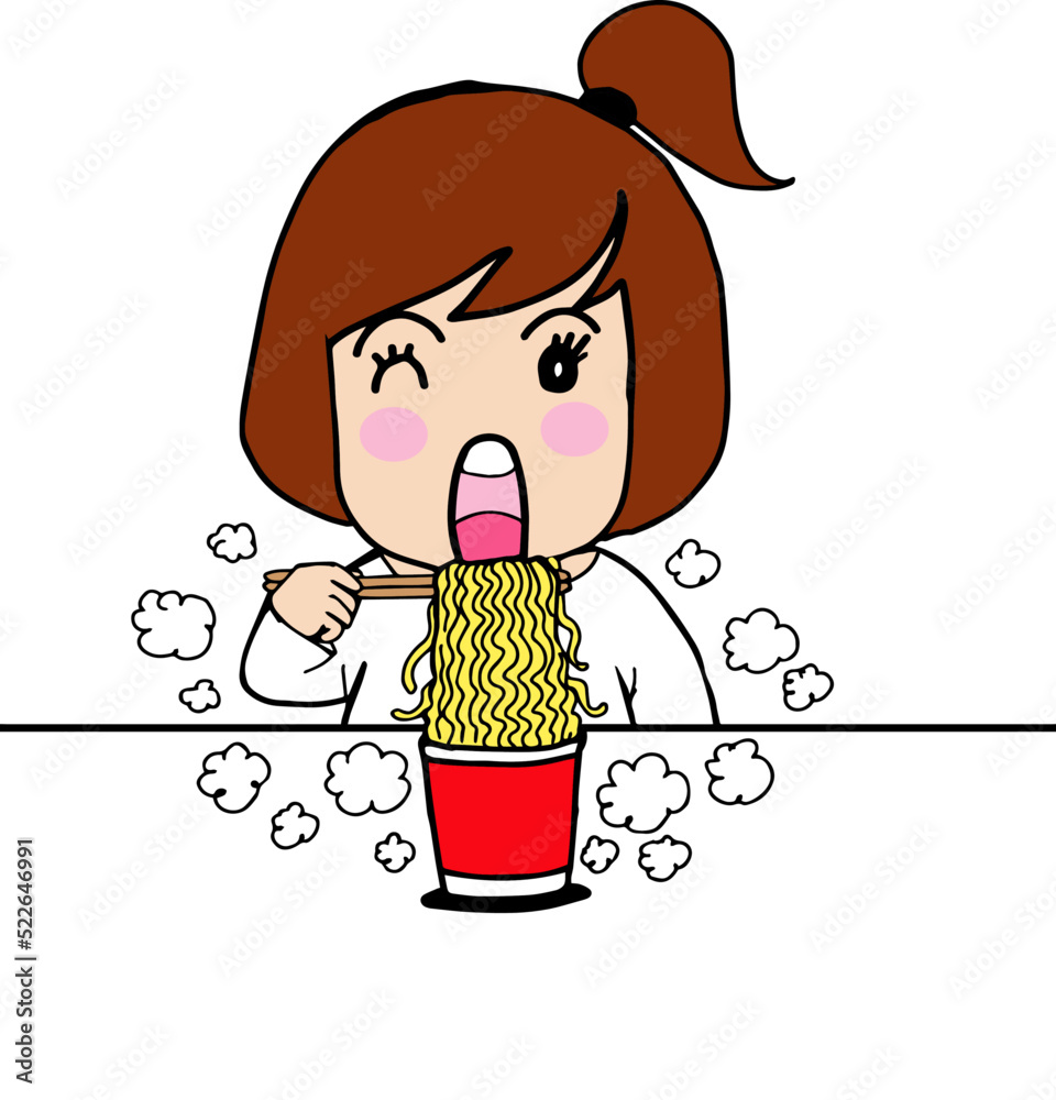 cartoon girl eating hot cup instant noodles Stock Vector | Adobe Stock