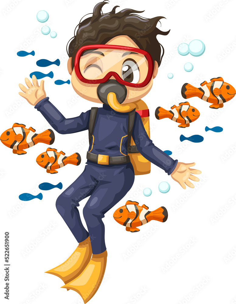 boy scuba diving cute cartoon Stock Illustration | Adobe Stock