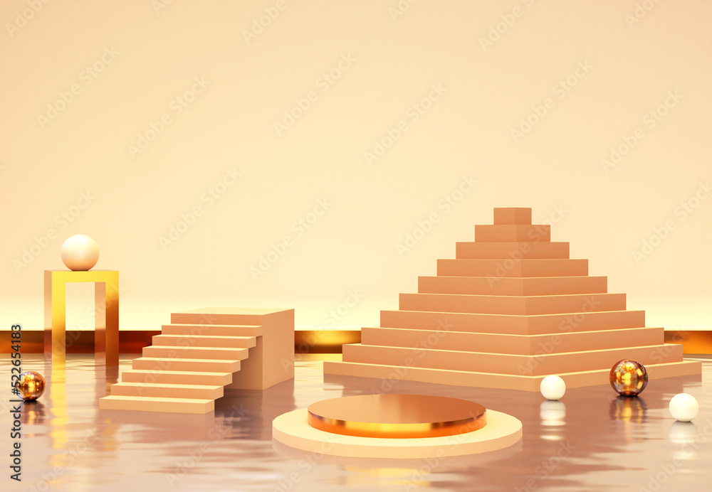 Gold podium with Spherical objects. Luxury stand to show products ...