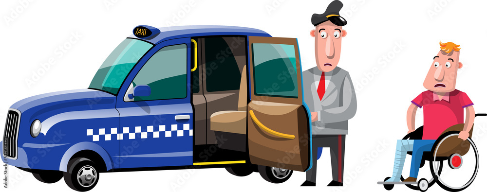 Cartoon taxi driver is escorting the wheelchair-bound passenger into ...