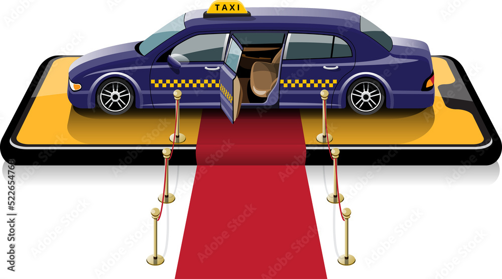 Cartoon taxi luxury limousine car and red carpet on smartphone Stock ...