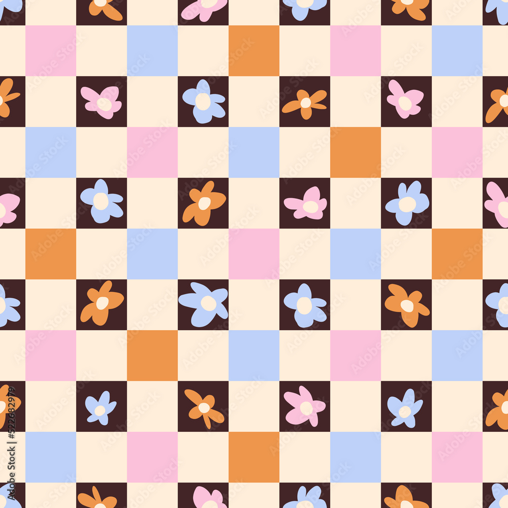 Retro vintage groovy flowers vector seamless pattern. 70s - 80s style ...