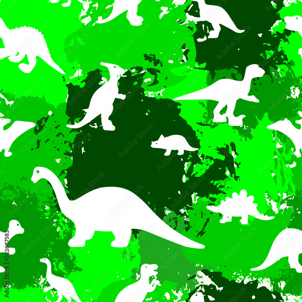 Seamless pattern with dinosaur silhouette on green watercolor spots ...