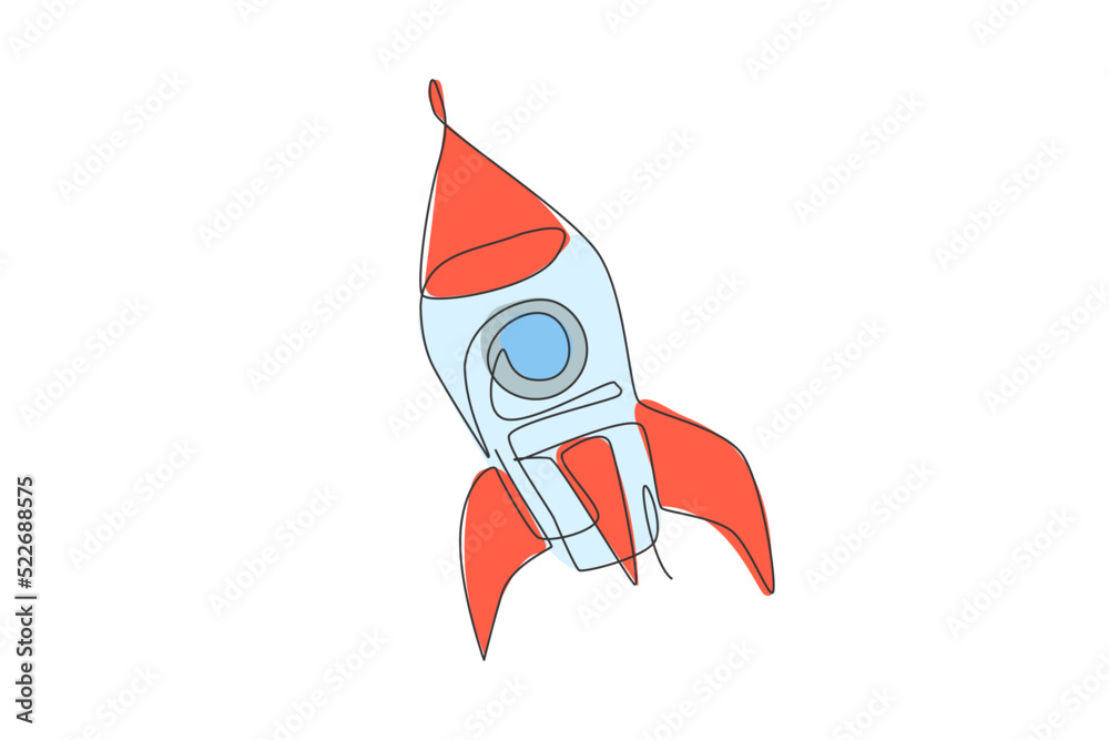 Single continuous line drawing rocket launch fly into the sky universe ...