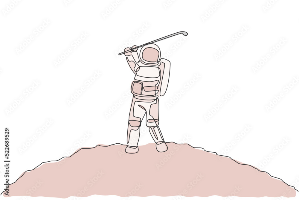 One continuous line drawing of astronaut golf training on moon surface ...