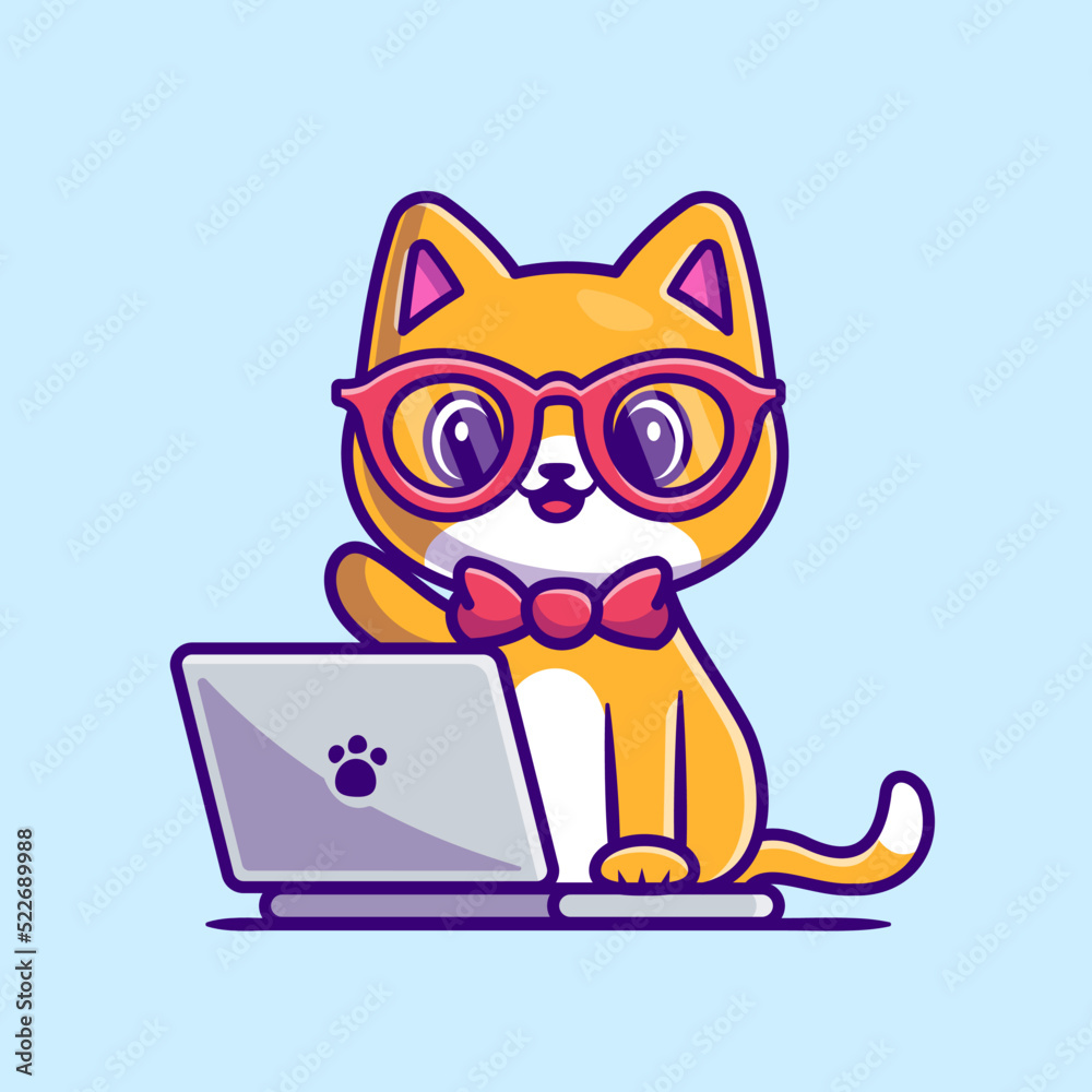 Cute Cat Working On Laptop Cartoon Vector Icon Illustration. Animal ...