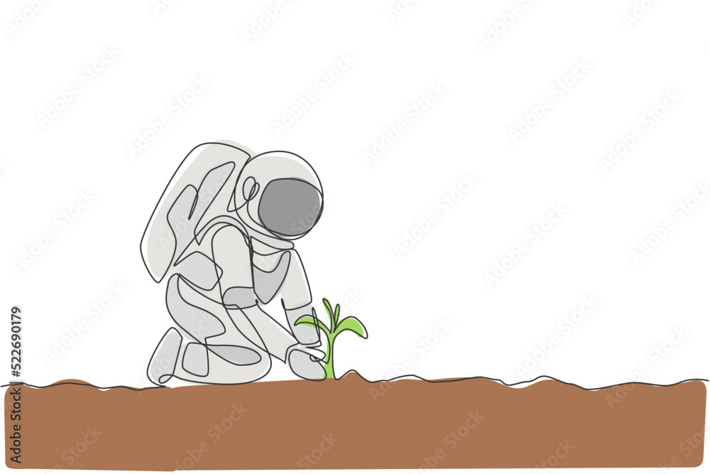 One continuous line drawing of spaceman planting new species tree seed ...