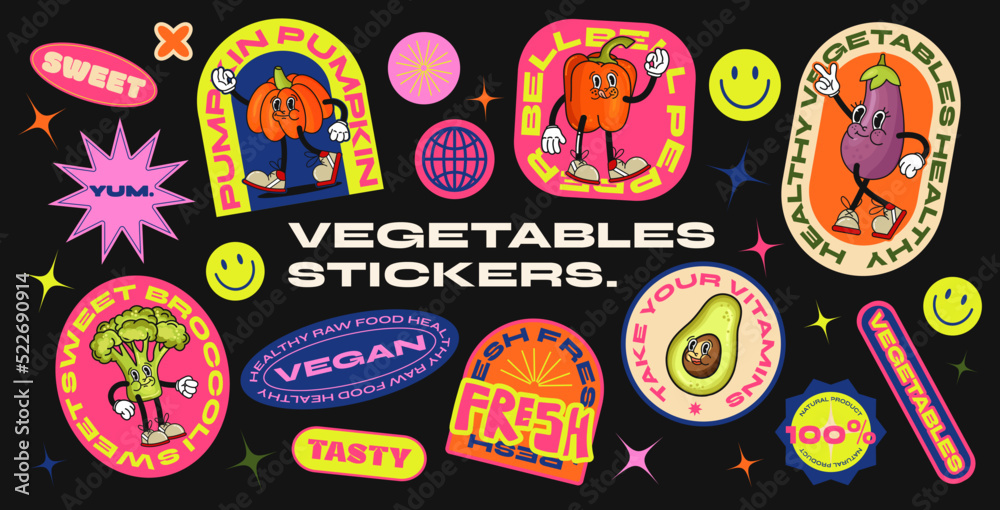 Collection of stickers of vegetables in retro style with cartoon ...