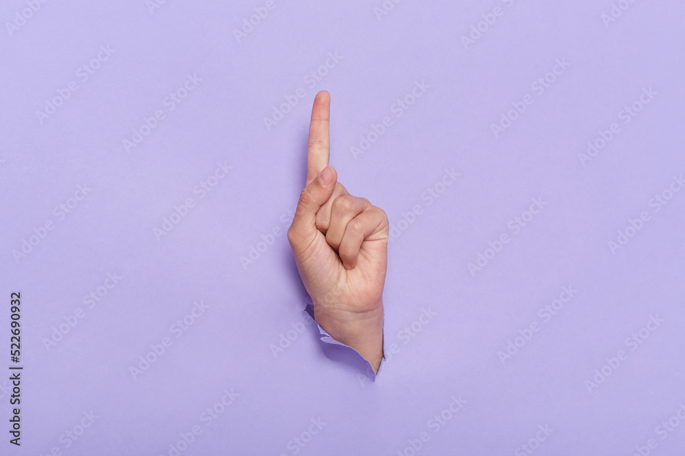 Indoor shot of person's hand sticking out of a torn hole in a purple ...