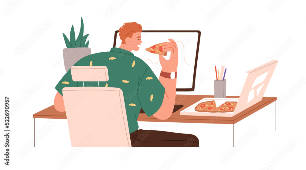 Employee eating food at workplace. Man having lunch, meal from pizza ...