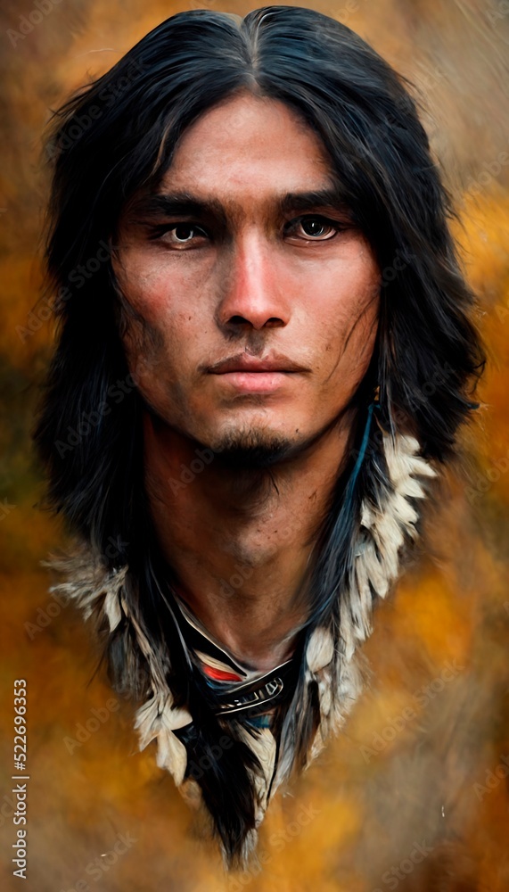 Portrait of a fictional Comanche Indian men. An ancient Indian huntress ...