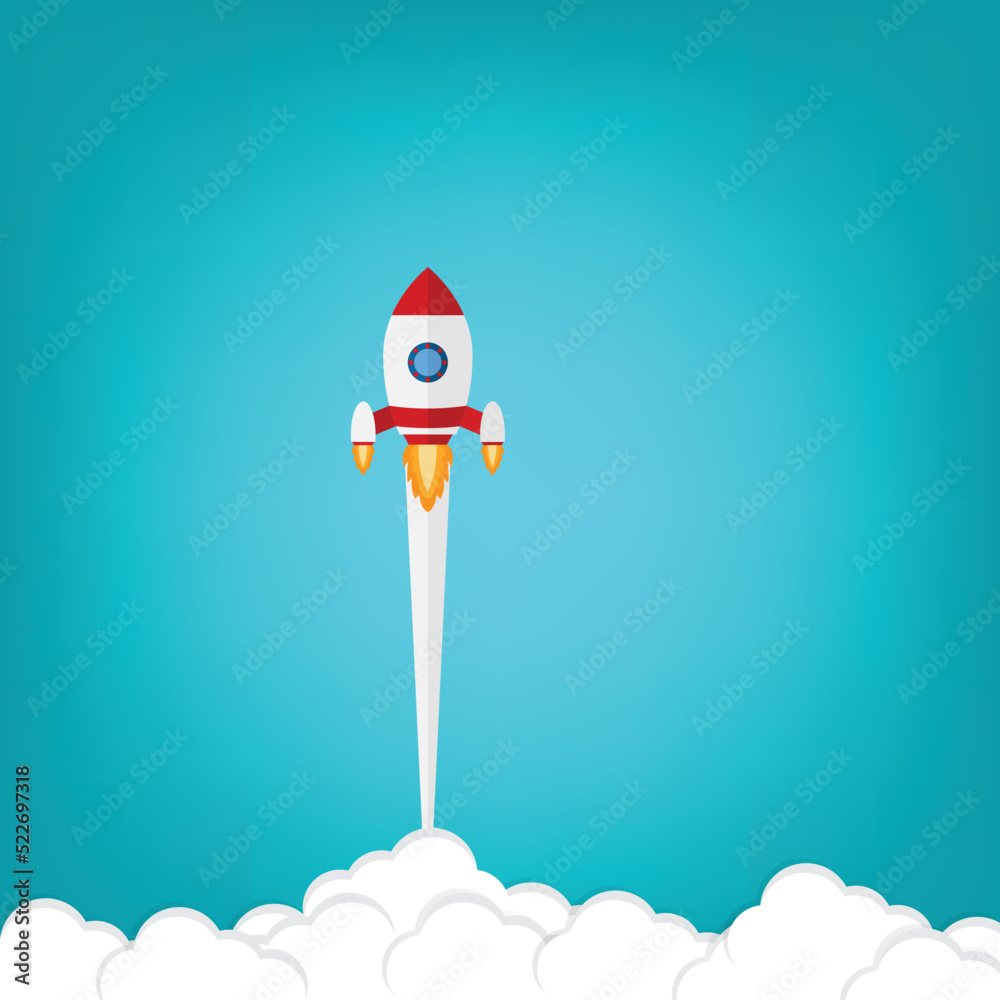 App launch. Startup vector concept, flat cartoon rocket or rocketship ...