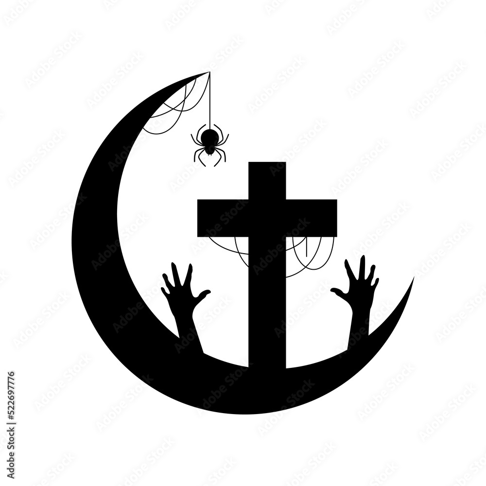 Black christian cross crucifix with zombies hand in graveyard and ...