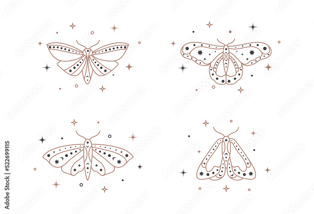 Mystical celestial outline set moths with stars line art. Spiritual ...