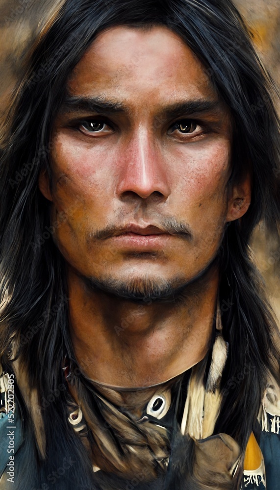 Portrait of a fictional Comanche Indian men. An ancient Indian huntress ...