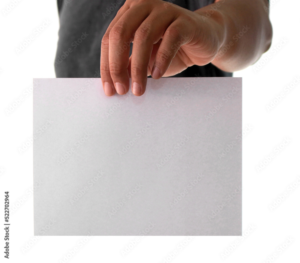 Hand holding white empty paper on transparent background png file Stock ...
