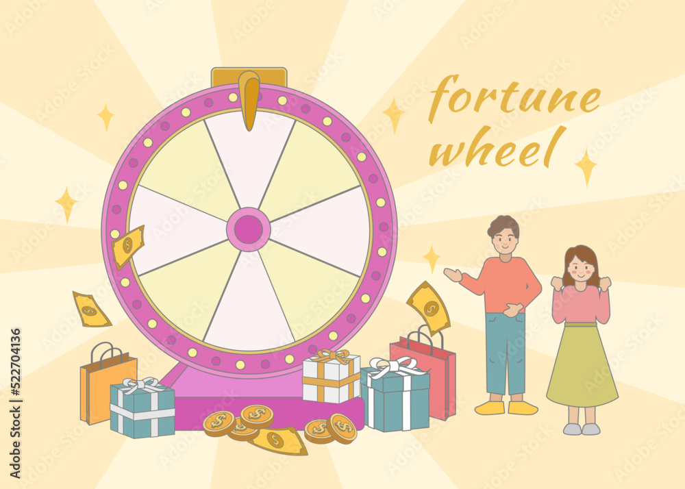 Lucky people winning prize draw near fortune wheel. Cartoon vector ...