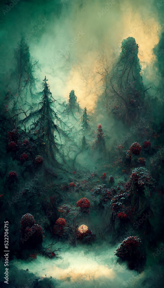 An enchanted dark scary forest. Rays of light in a gloomy forest. Fog ...