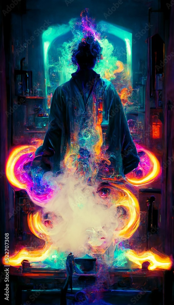 A futuristic cyberpunk man emerges from a smoky portal. A high-tech man ...