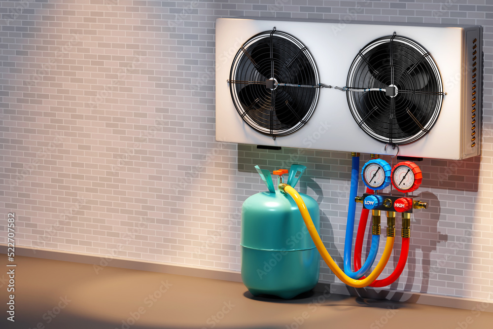 halogen air conditioner fluid. Process of filling drain machine. Split ...