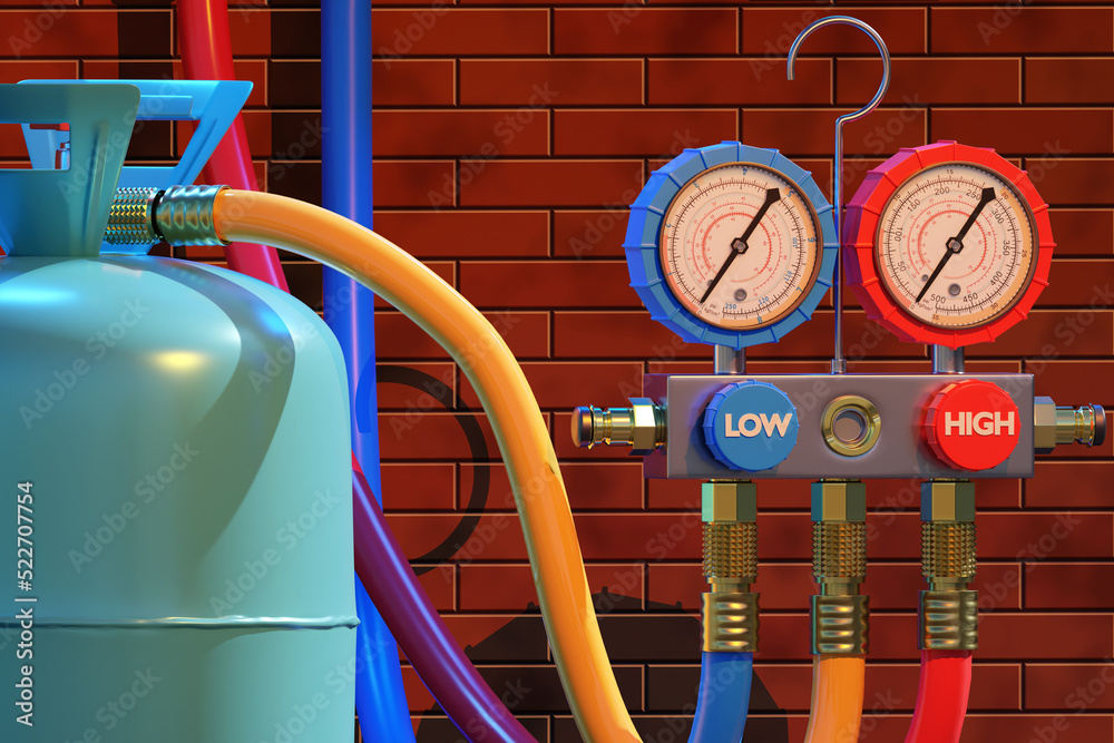 Refueling split equipment. Cylinder with Freon gas in front brick wall ...