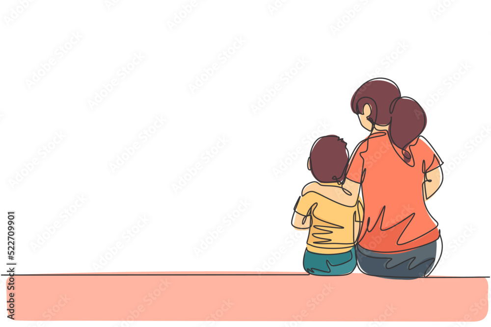 One continuous line drawing young mother talking with her son about ...