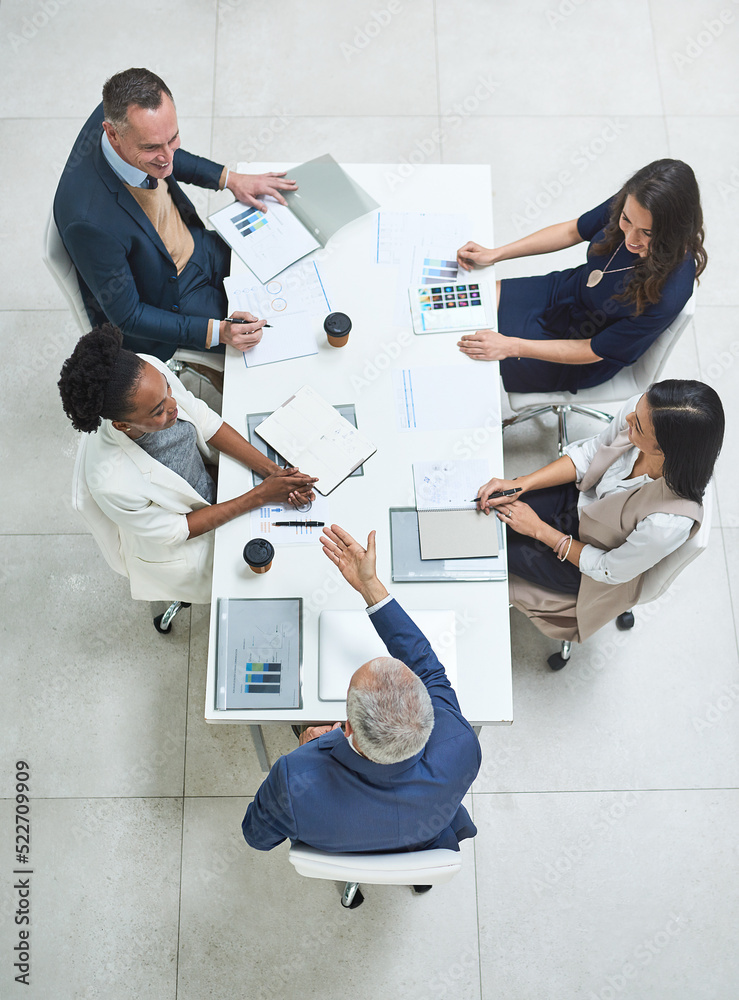 Teamwork, talking and meeting group of corporate colleagues planning ...