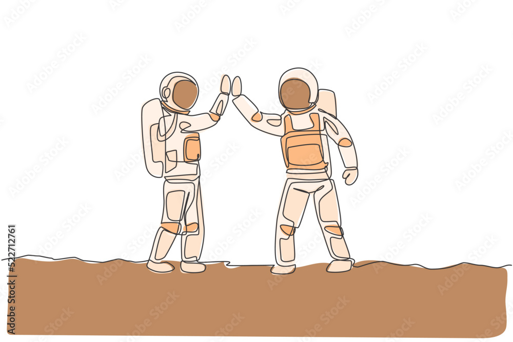 One single line drawing of two young happy astronauts gave high five while meeting on the street ...