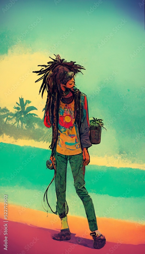 Abstract drawn Rastaman with dreadlocks and colorful clothes, on a ...