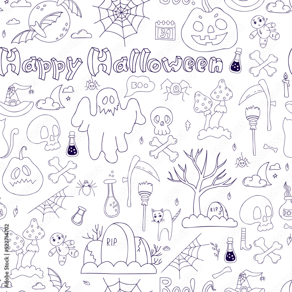 Seamless pattern Happy Halloween. Linear hand drawn doodles pumpkin Jack, ghost, grave, skull ...