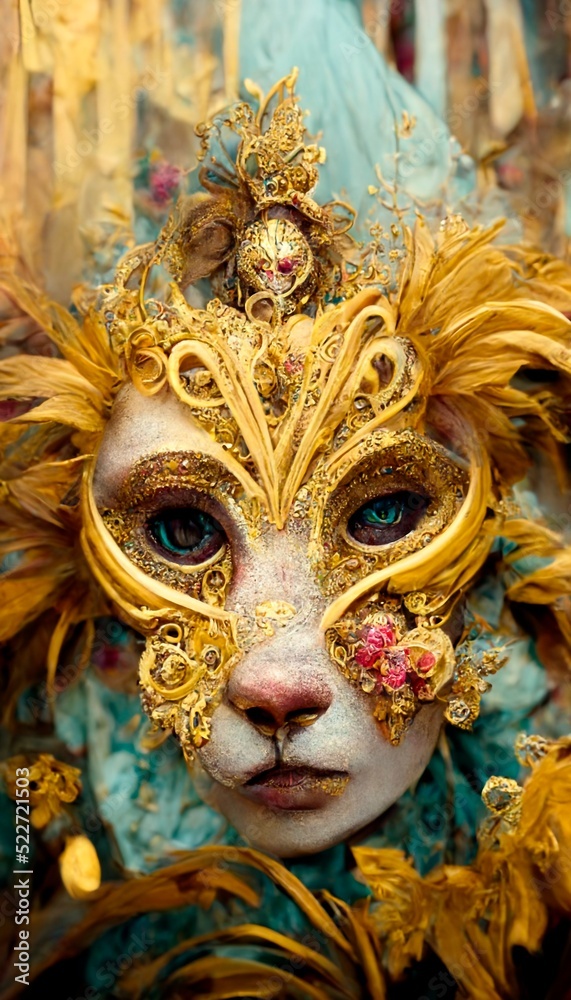 Stockillustratie A medieval man wearing a golden lion mask. A festival ...