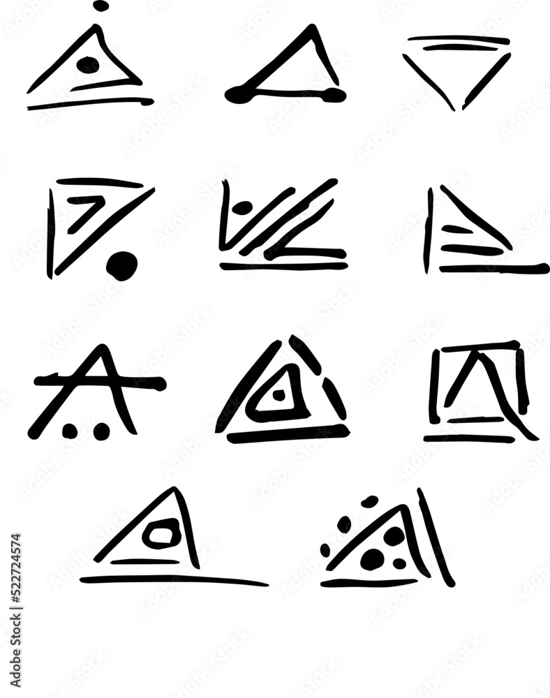 Shapes from a triangle. Strange writing. Triangular symbols. New font ...