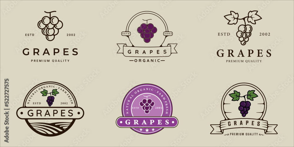 set of grape logo line and vintage vector illustration template icon ...