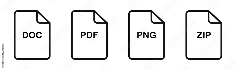 Document file icons. DOC, PDF, PNG, ZIP. Set of icons isolated on white ...
