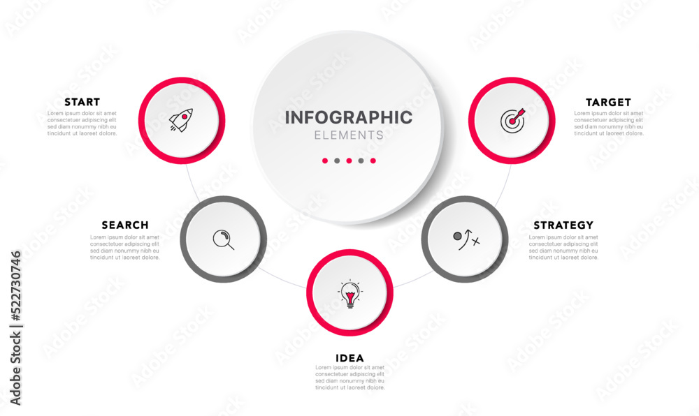 Timeline circle infographic design with 5 options or steps ...