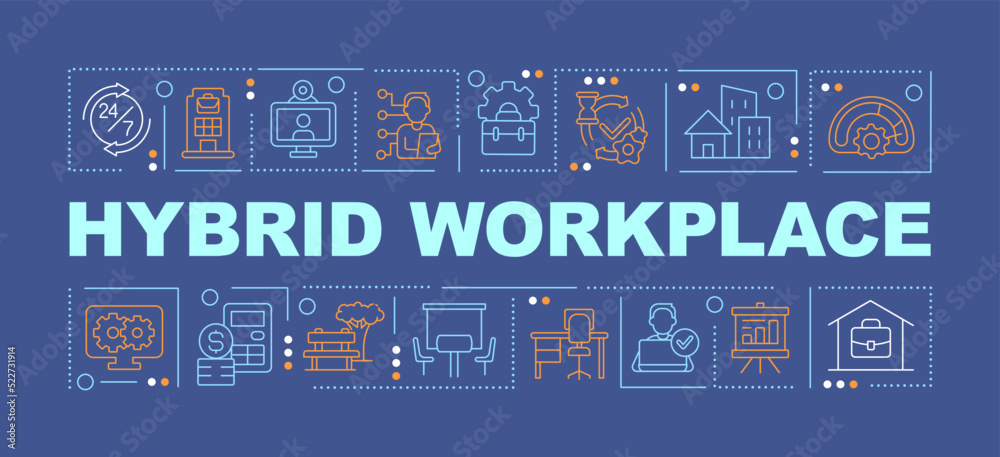 Hybrid workplace word concepts dark blue banner. Corporate culture ...