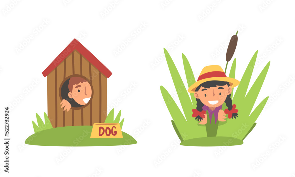 Kids playing hide and seek set. Cute children hiding in dog house and ...