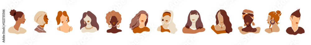 Vector women portraits set. Minimal aesthetic female avatars for social ...