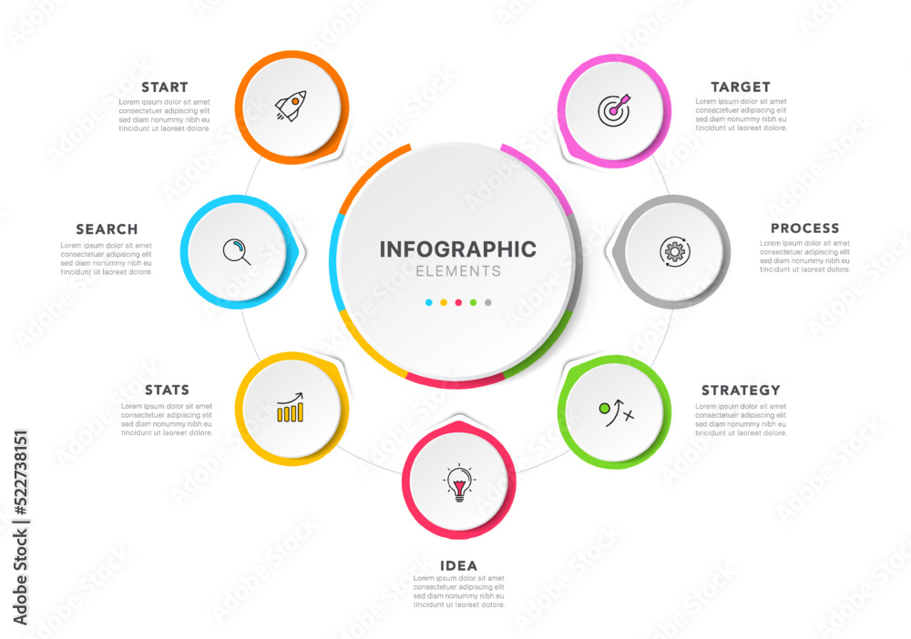 Timeline circle infographic design with 7 options or steps ...