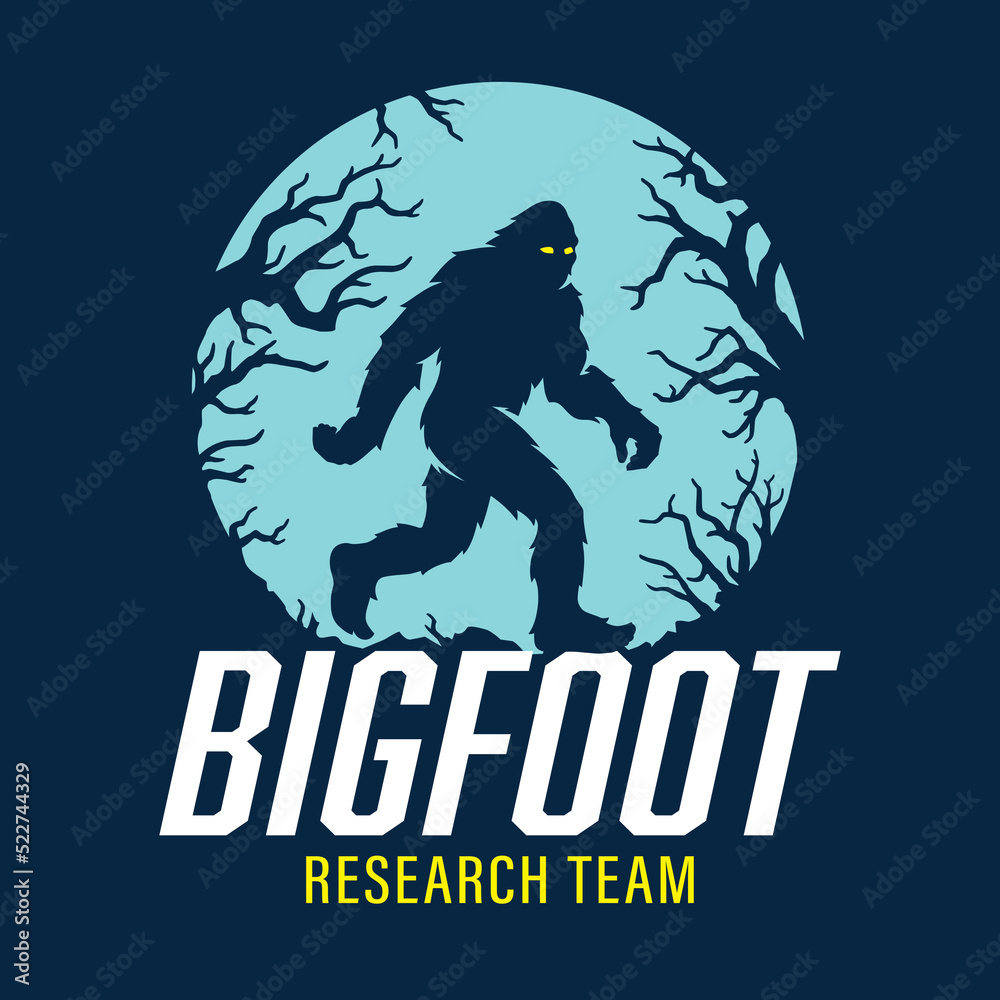 Bigfoot research team poster. Full moon sasquatch silhouette walking logo. Hairy wild man ...