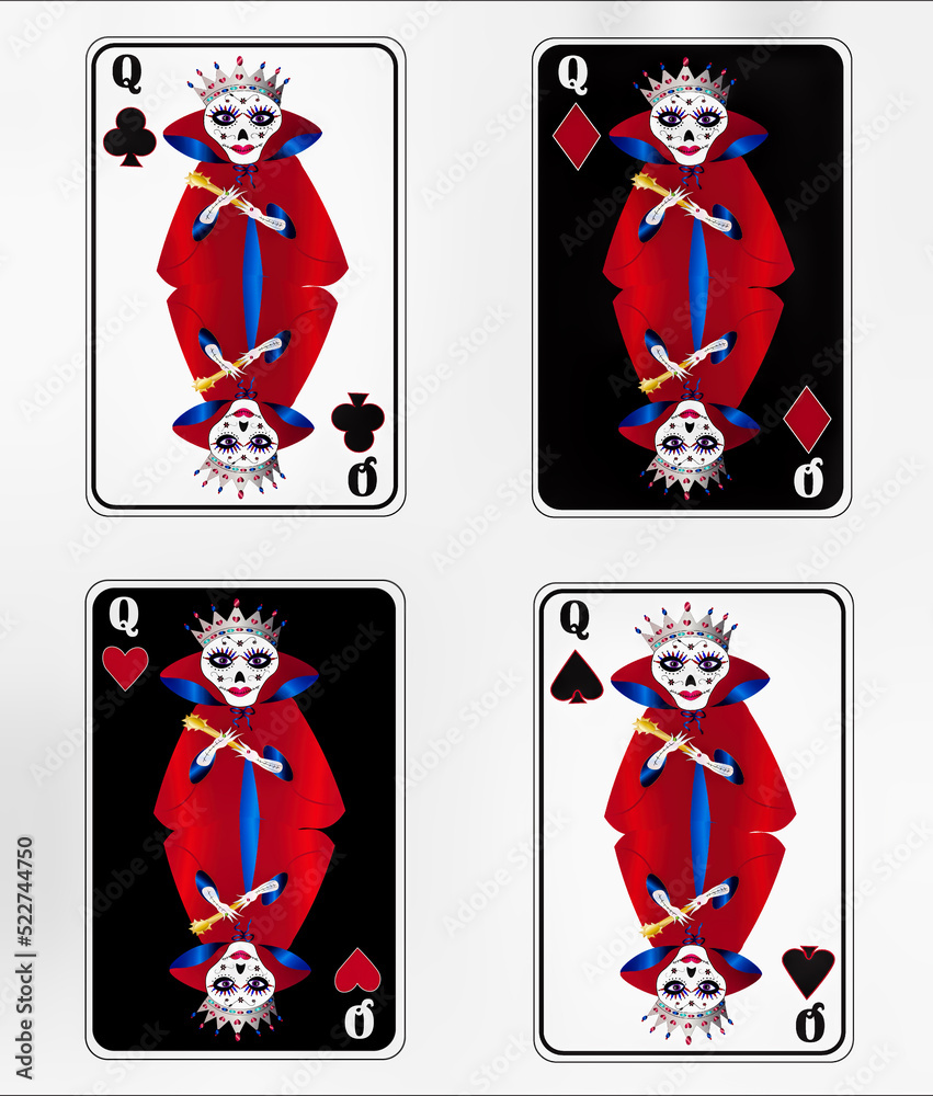 Fun images of an abstract-type skeleton queen in all four suits, hearts ...