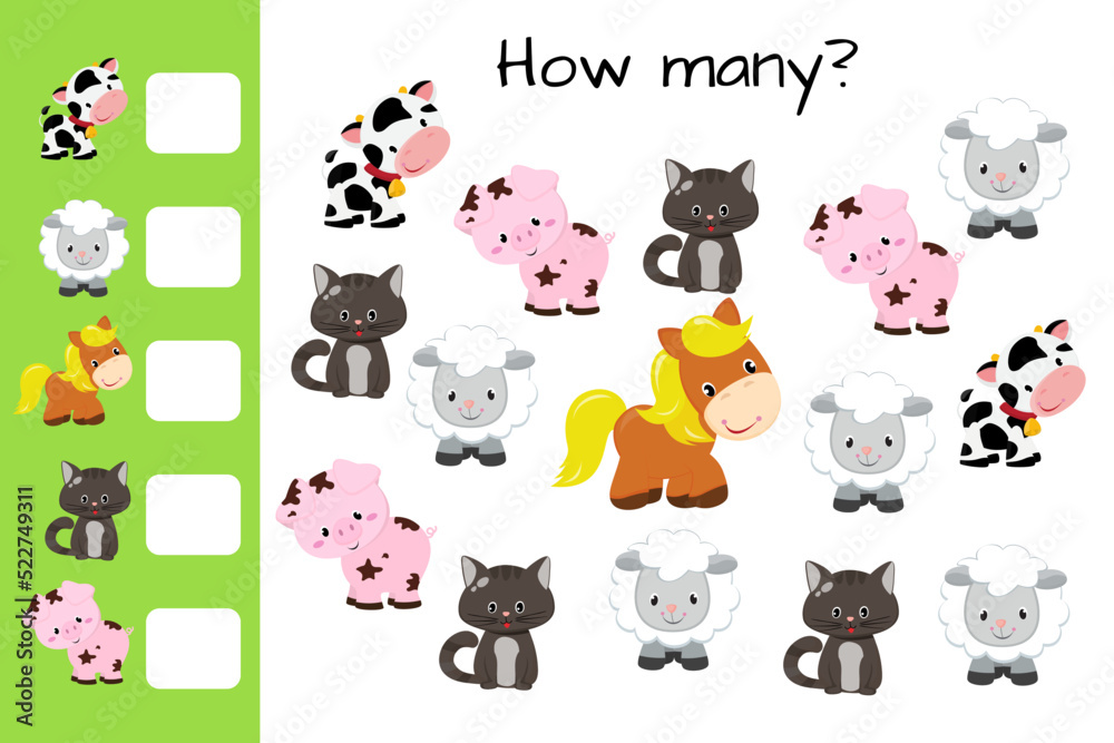 Counting game, count farm animals and write result. Kids educational ...