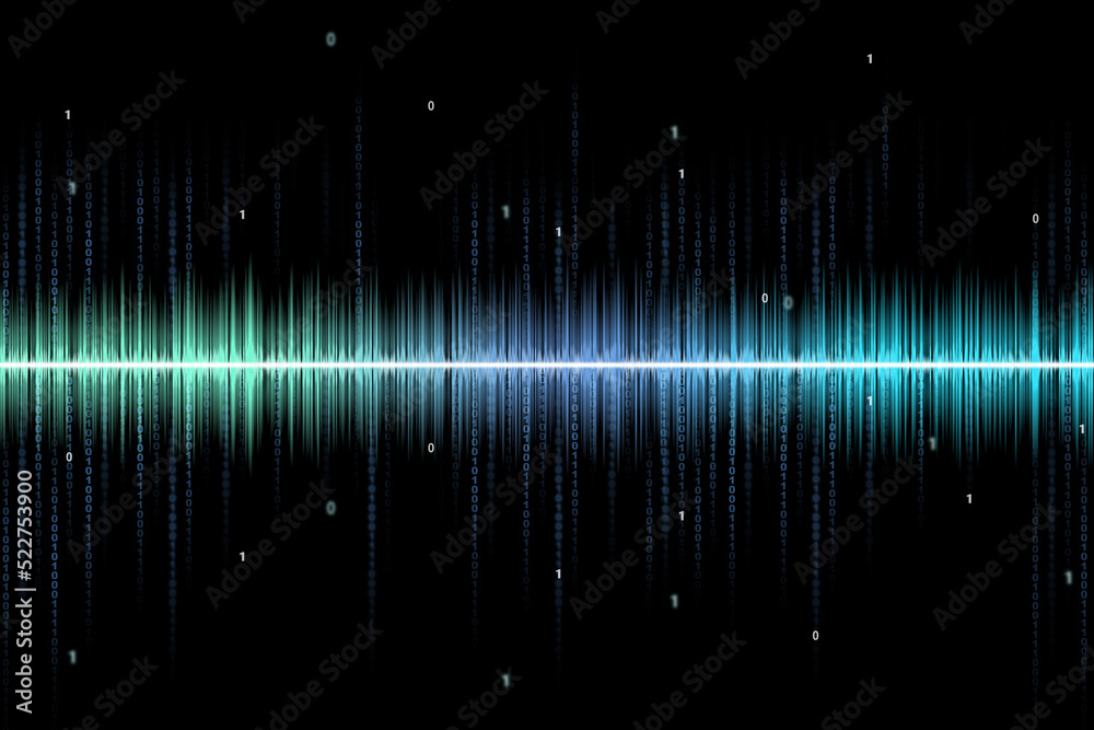 Abstract blue rhythmic digital sound wave with binary code on black ...