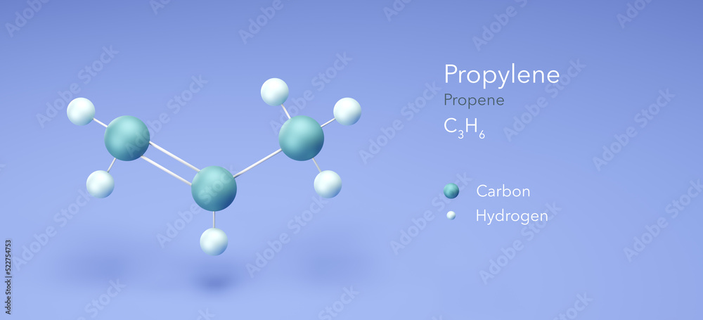 propylene, propene, colorless gas, molecular structures, 3d rendering ...