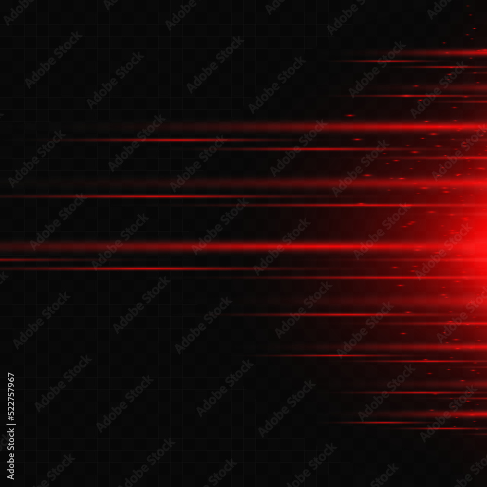 Abstract horizontal red laser beams, lines with dust and sparkles ...