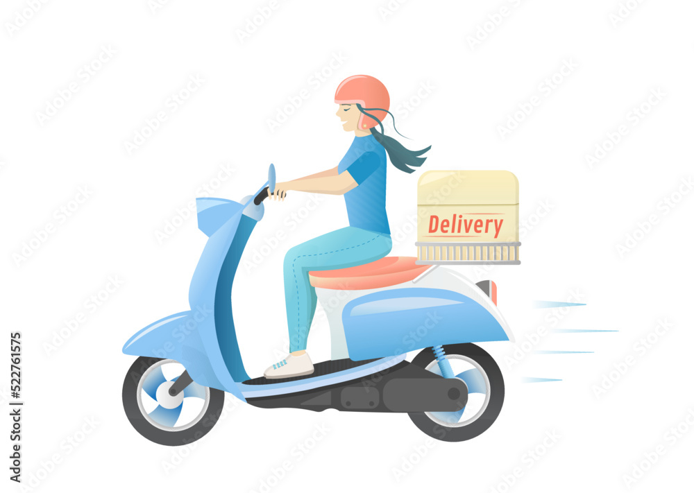 Delivery man on scooter isolated on white background. Parcel delivery. Online food delivery ...