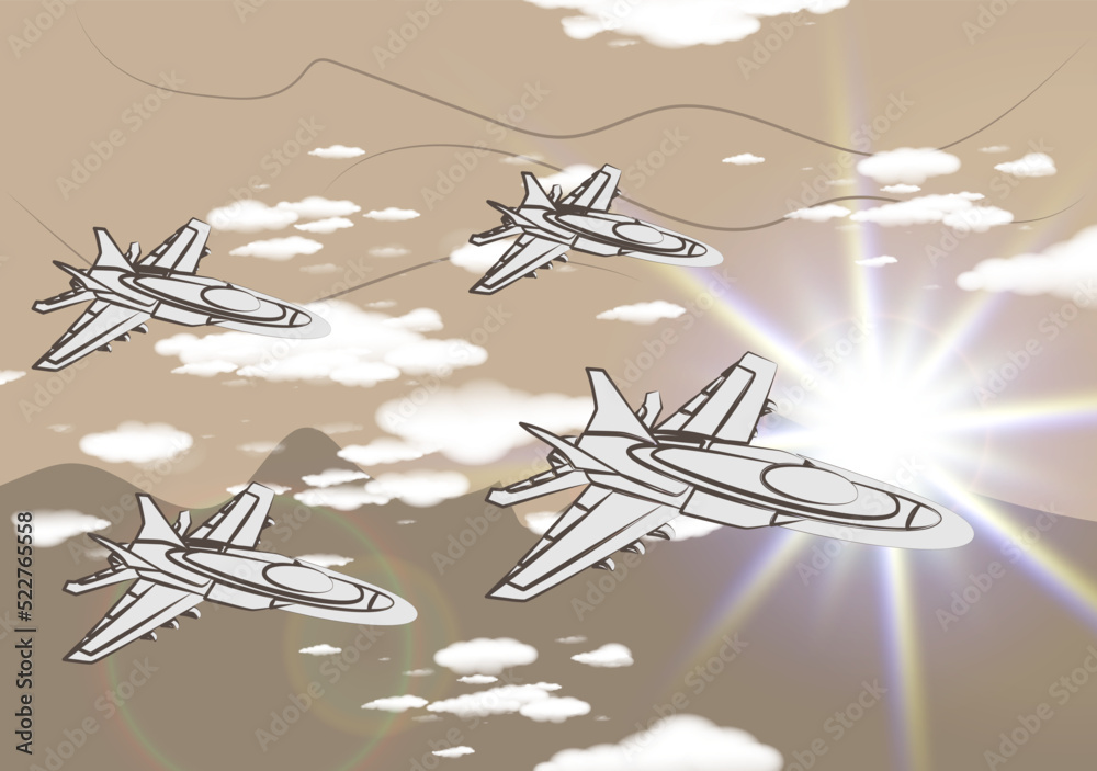 Group of jet aircraft in combat formation flies over desert. Fighters ...